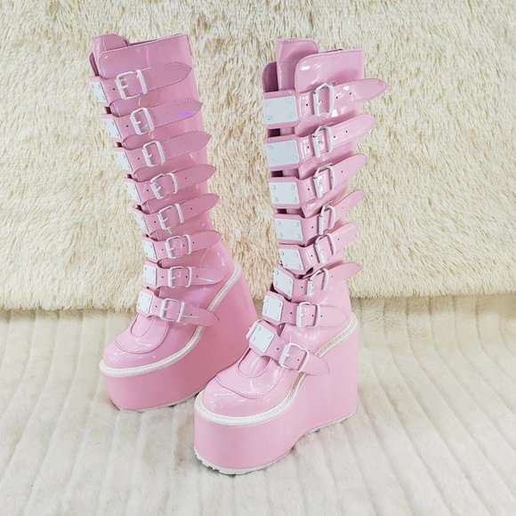 Demonia | Shoes | Pink Hologram Knee High Festival Platform Boots ...
